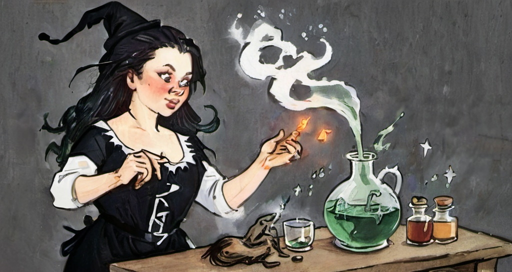 Portrait of a witch mixing magic potion, Genrih Valk...