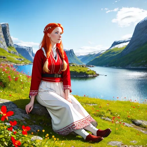 Pale redhead Norwegian young woman traditional dress... | OpenArt