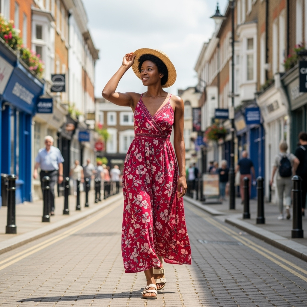 Tall young woman walking down the high street, detai...