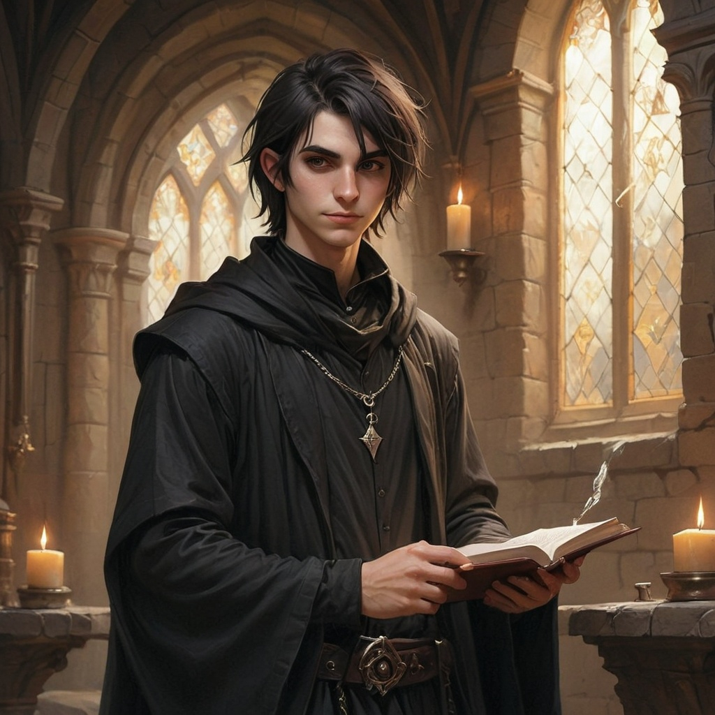 DnD young emo male human wizard in black robes with...