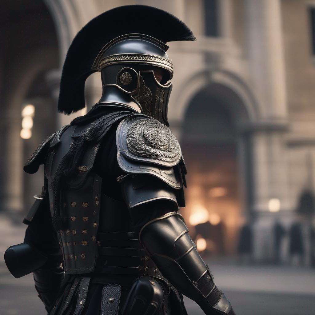 A modern roman military male in black military armor...