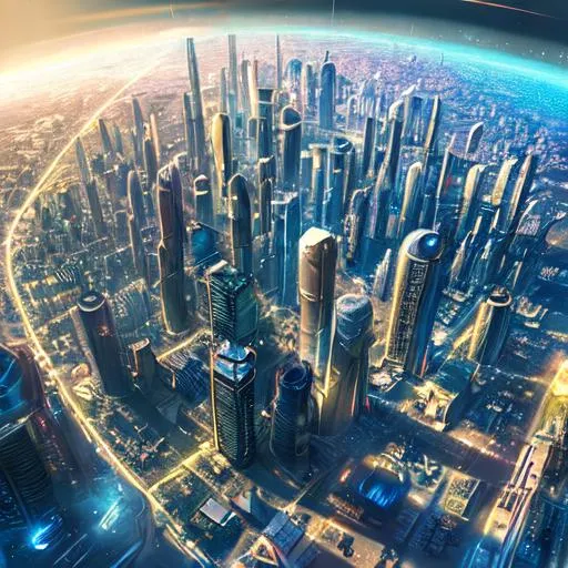 a space city, photorealistic, god rays, artstation,... | OpenArt