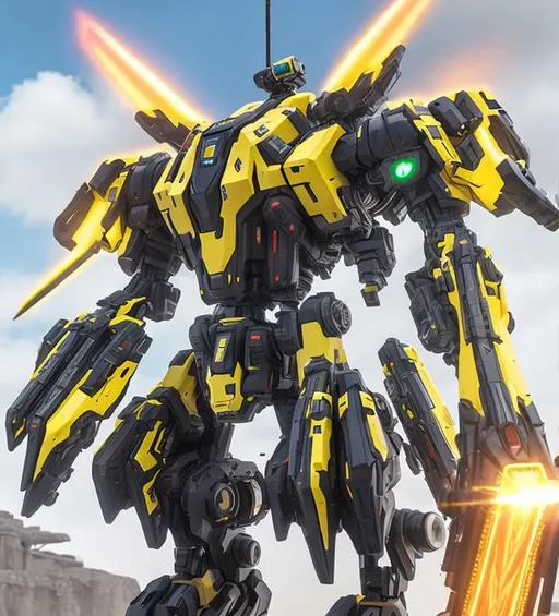Dark yellow mech with an energy sword and missile pack
