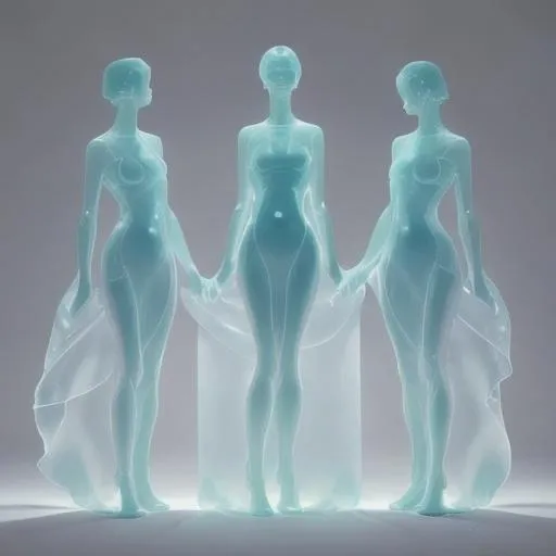 Three translucent human figures melting together, et...