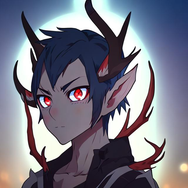 pointy ears, red eyes, blue skin, antlers, anime, pr...