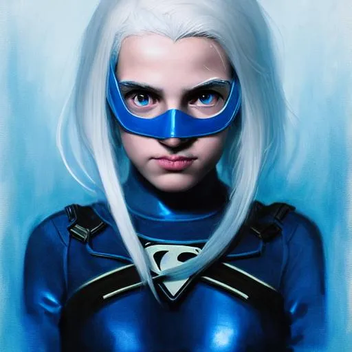 Portrait of girl with white hair and superhero mask... | OpenArt