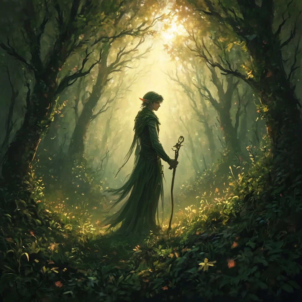 Elf ranger in a mystical forest around sunlight