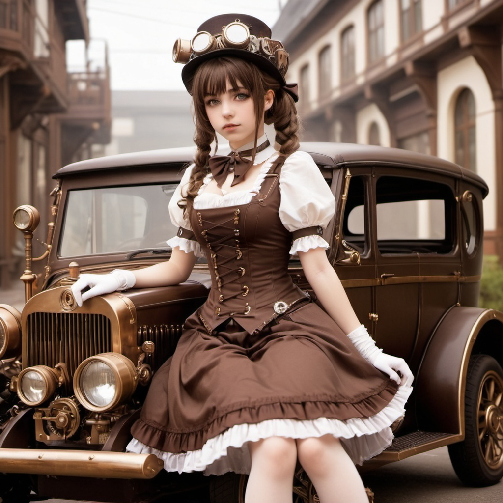 Steampunk lolita, chocolate car， a girl in anime sty...