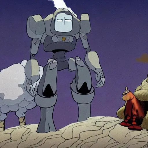 The Iron Giant saves a sheep from falling off a cliff. | OpenArt