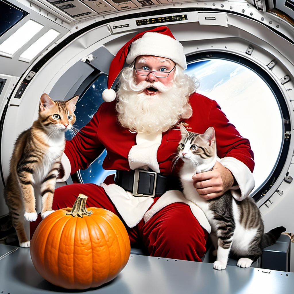 Santa claus and 2 cats eating raw pumpkin in space s...