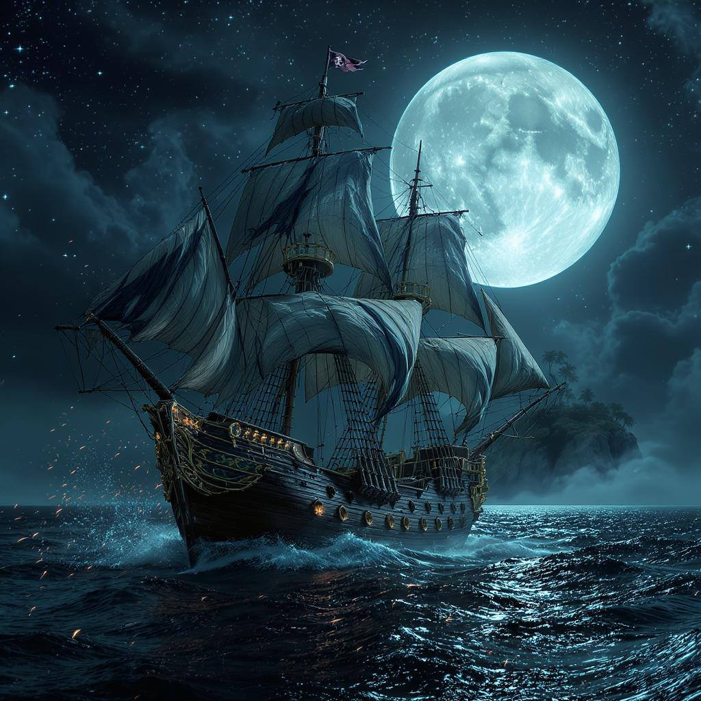 "Photorealistic scene of a pirate ship with tattered...