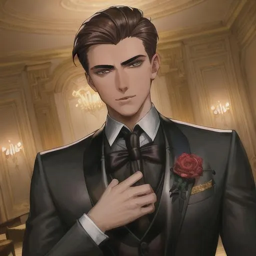 Caleb (brown hair) (brown eyes) wearing a black tuxe... | OpenArt