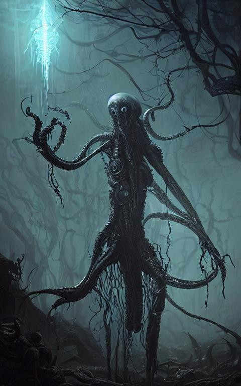 dark fantasy, lovecraft horror, alien squid human hy...