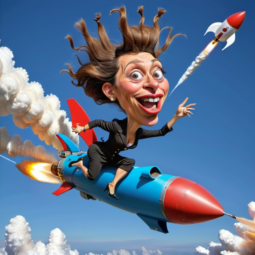 Crazy Woman flying on a rocket