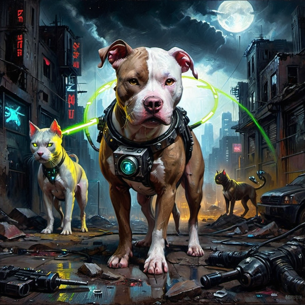 Cyber punk a female cyborg pit bull, (she is fawn an...