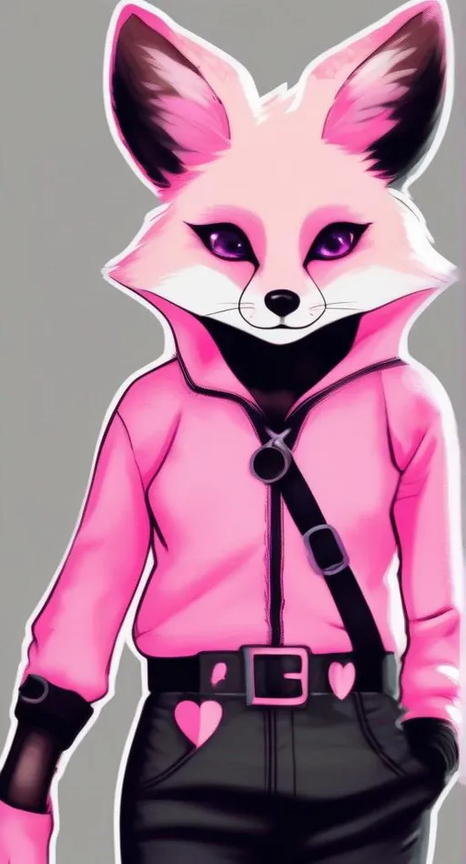 Pink punk hair, pink fennec fox, black pink eyes, wi...