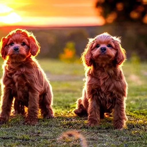 pretty cute cavapoo puppies with a sunset | OpenArt
