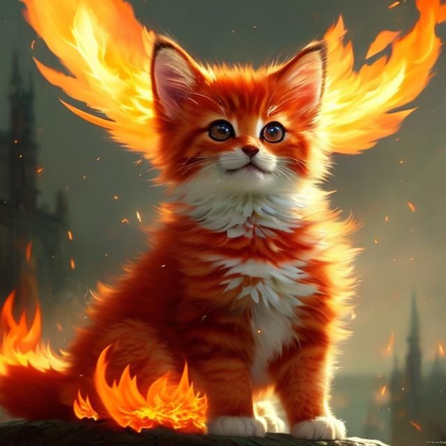 Cute, red, fluffy, fire kitten, possessing the eleme...