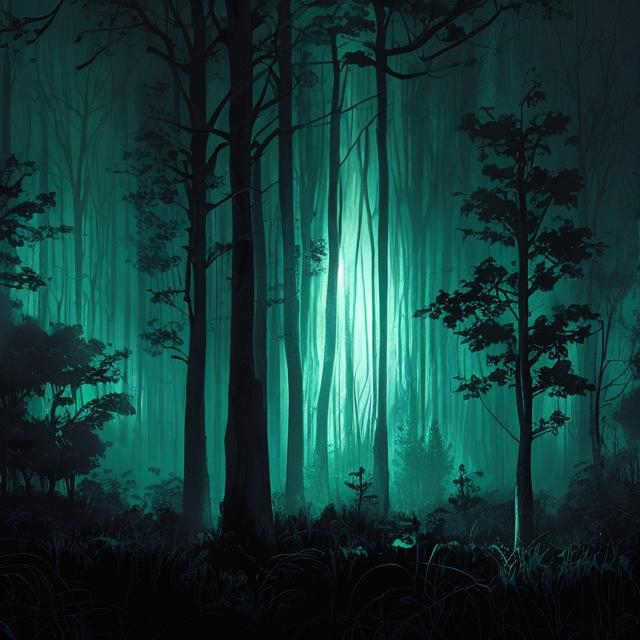 A dense, dark forest with an ominous glow from a str...