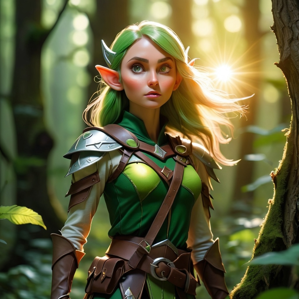 Elf ranger in a mystical forest around sunlight