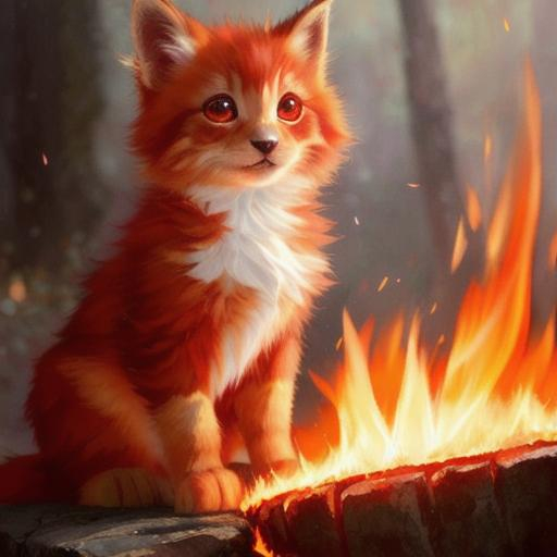 Cute, red, fluffy, fire kitten, possessing the eleme...