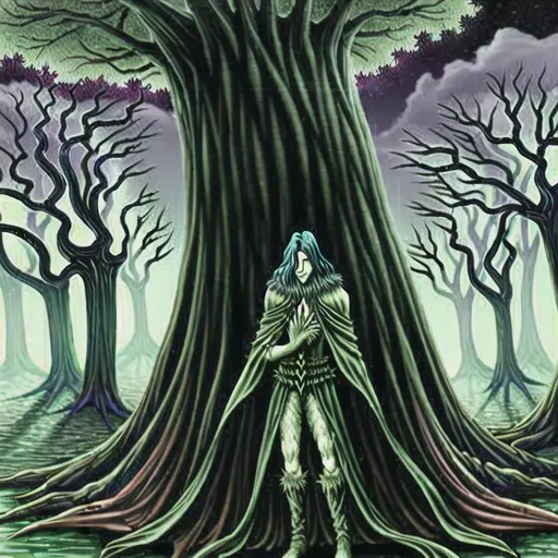 Eldritch God arcane giant tree at night with magical...