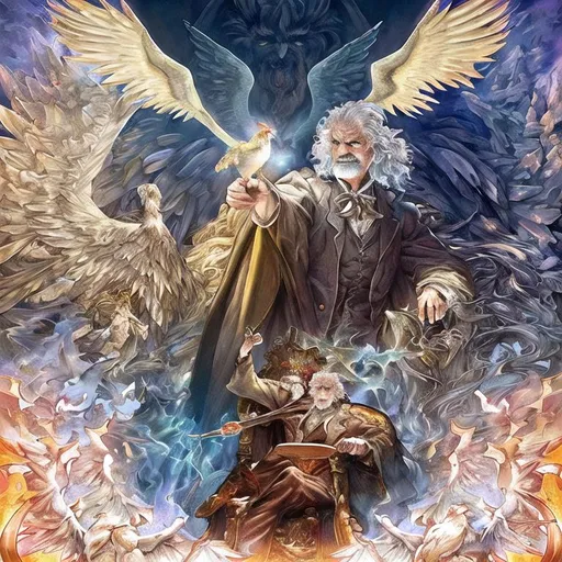 Illustrate the epic moment of Mark Twain and Dumbled... | OpenArt