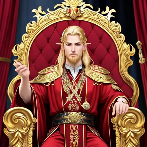 A tall male Elven Emperor wearing red and gold vikin... | OpenArt