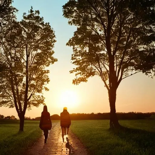 2 women walking, trees and sunsets | OpenArt