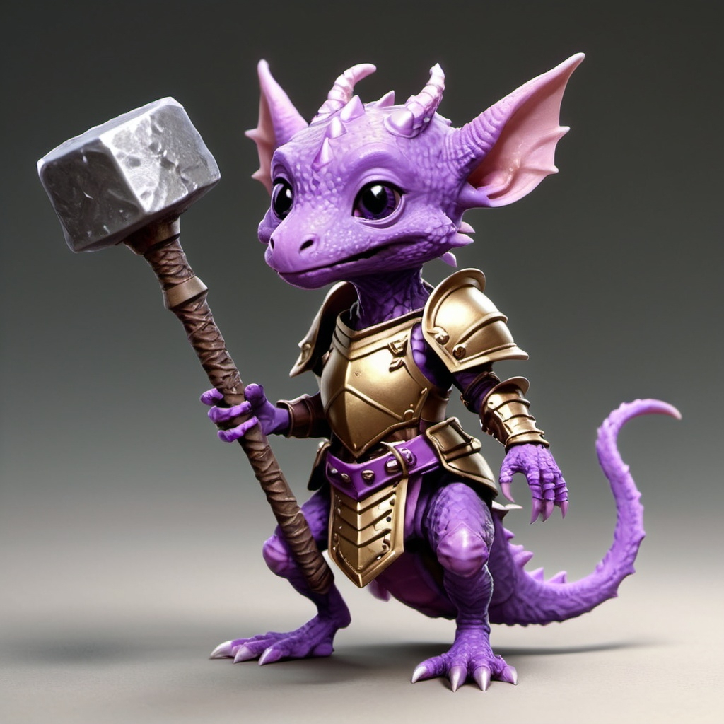 cute female small purple kobold in heavy armor hamme...
