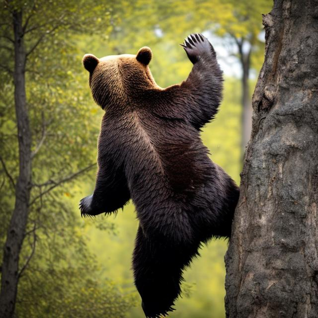 A bear hanging off a tree with one arm. From the bac...