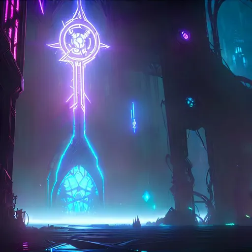 Cyberpunk arcae temple at night with giant eldritch... | OpenArt