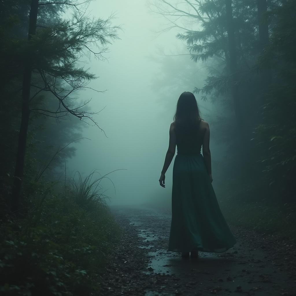 woman who looks like a ghost looking out over a lack...