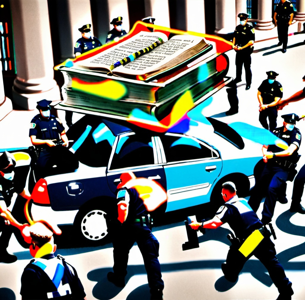 A car with a big bible on it being surrounded by pol...