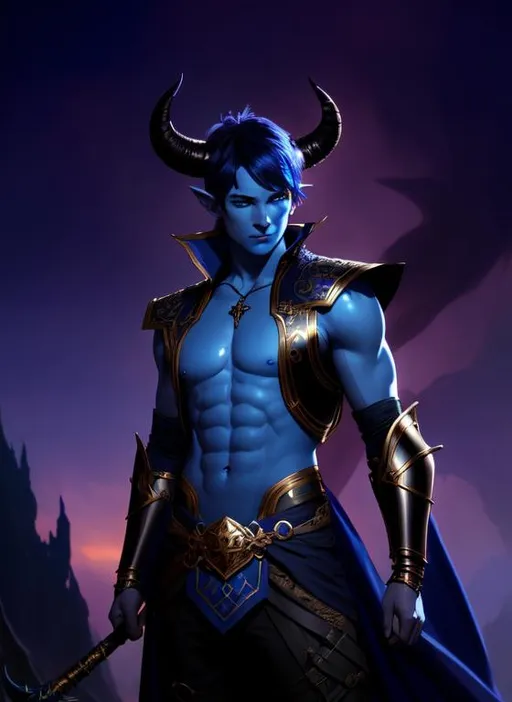 a dnd, male, fantasy, blue-skinned, thiefling, wi...