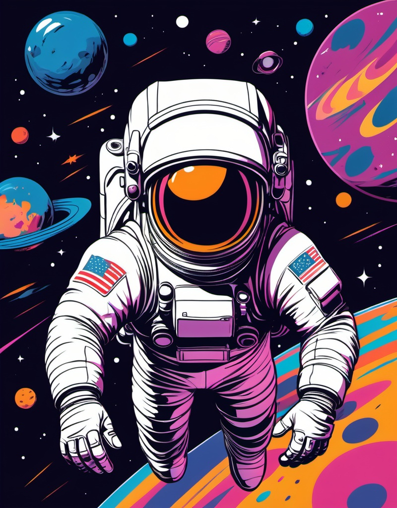 Pop art, an astronaut floating freely in space, a pl...