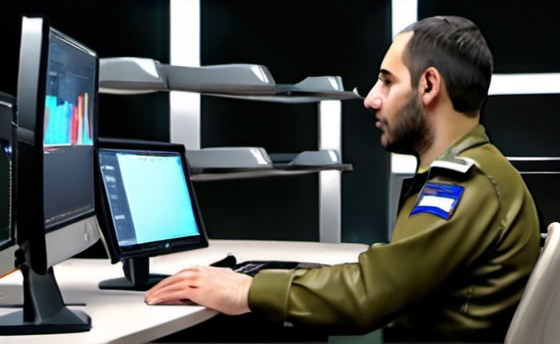 IDF soldier is using a computer at a desk with 2 mon...