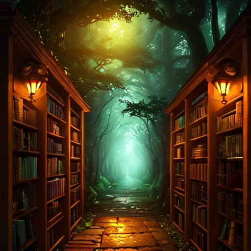 alleyway through a bookshelf into a magical forest,...