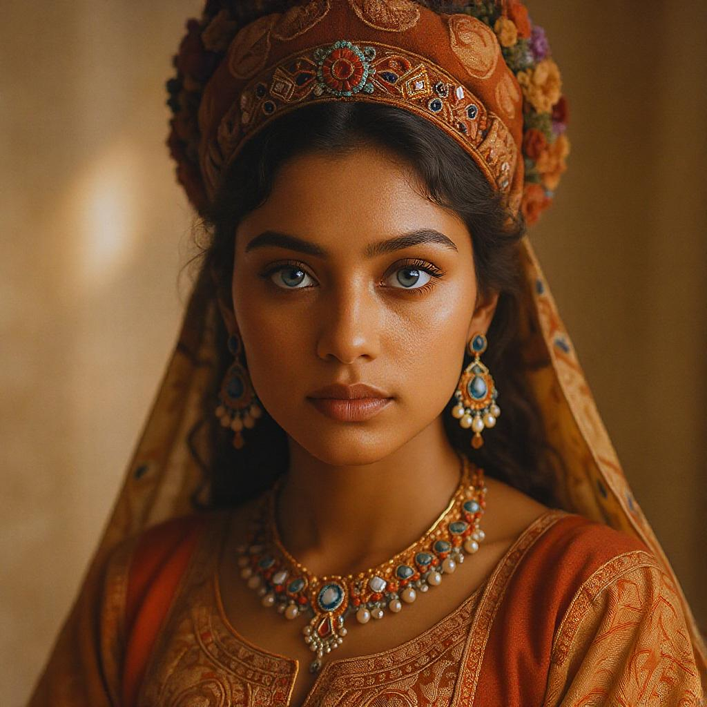 Adorned in elaborate traditional attire, a person st...