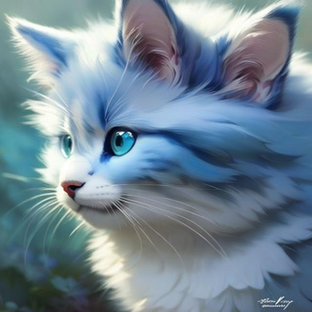 Cute, blue, fluffy, liquid cat, perfect features, ex... | OpenArt