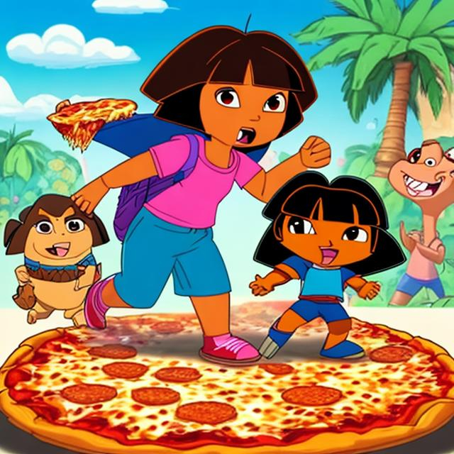 Dora and Fuji fighting for chezzy Pizza cartoon char...