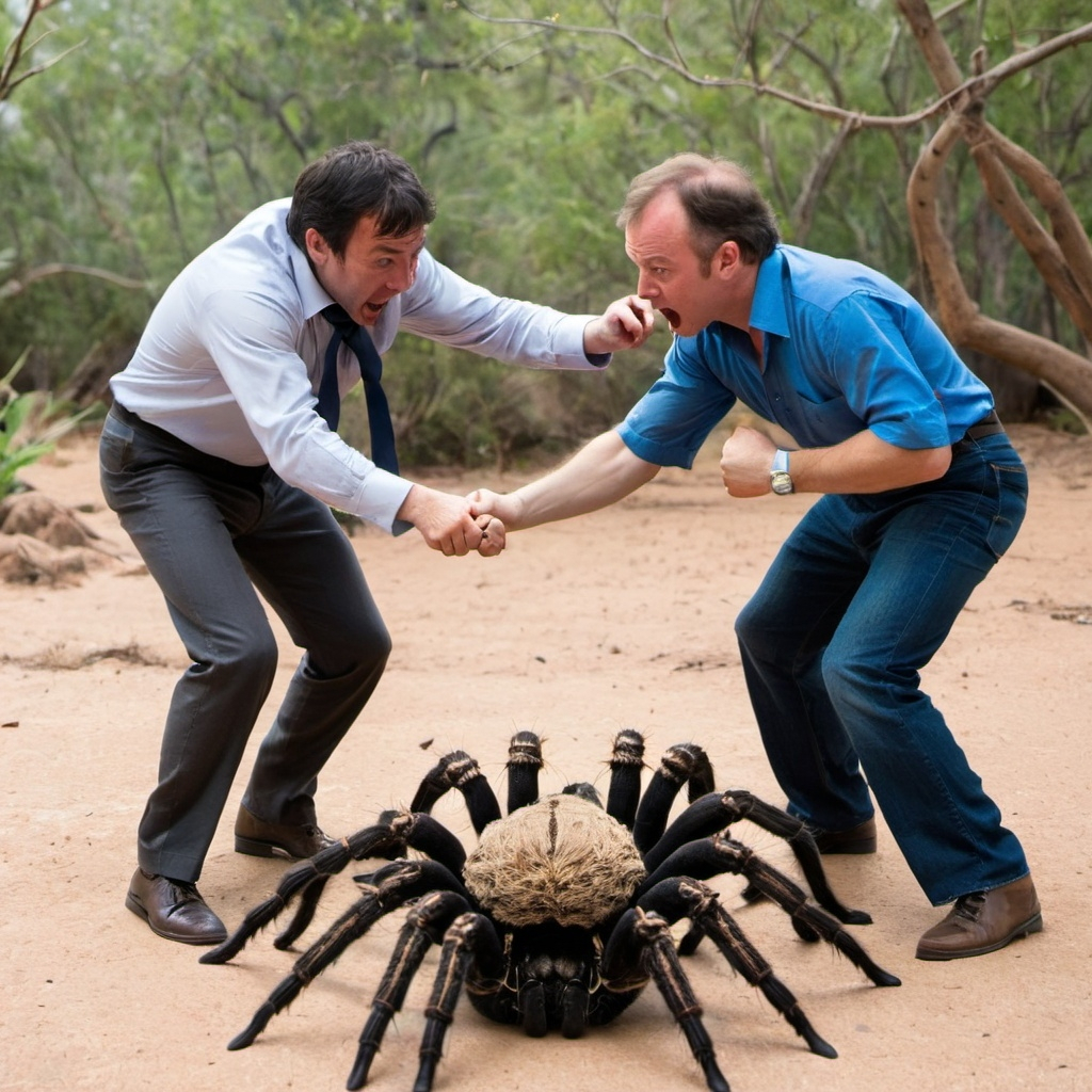 Two men fighting on giant taraNtulas