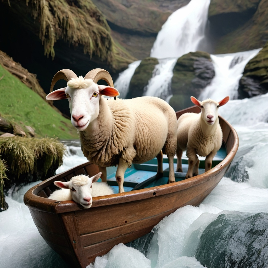 Sheep and Goat in the boat in the waterfall.
