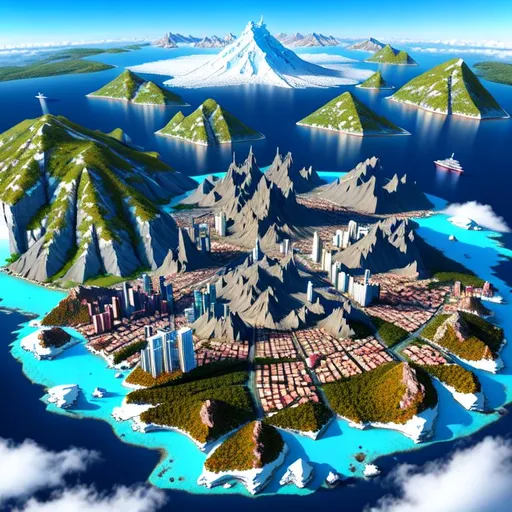 Aerial view of a small island country, with a snow-c... | OpenArt