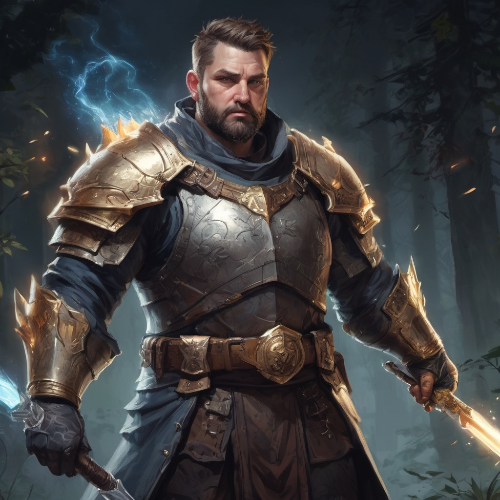 Male stocky large fat knight with short-cut hair and...