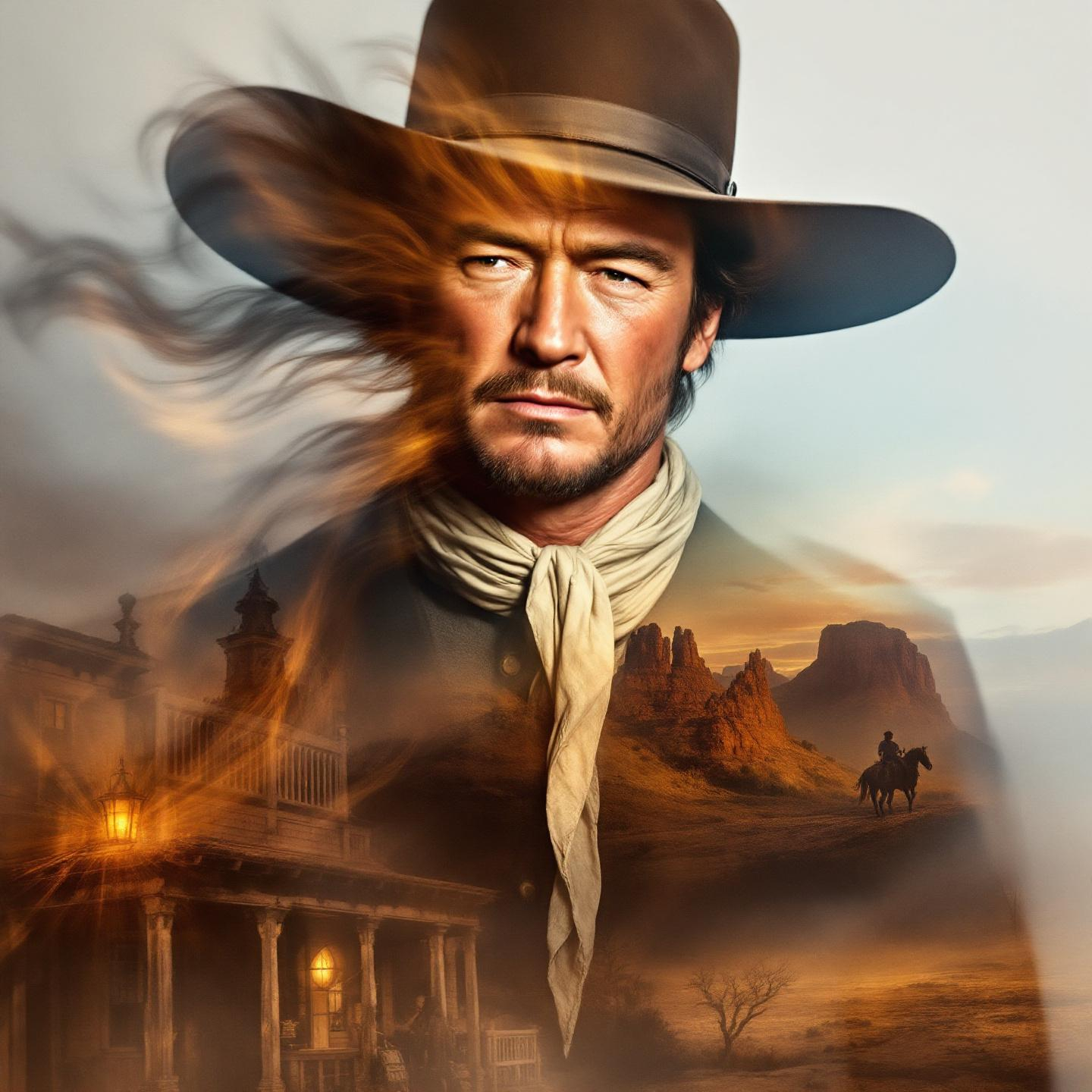 a double exposure portrait of legendary cowboy John...