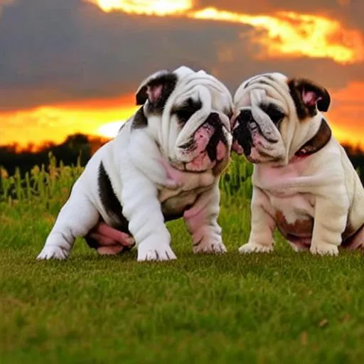 pretty bulldog puppies with a sunset | OpenArt