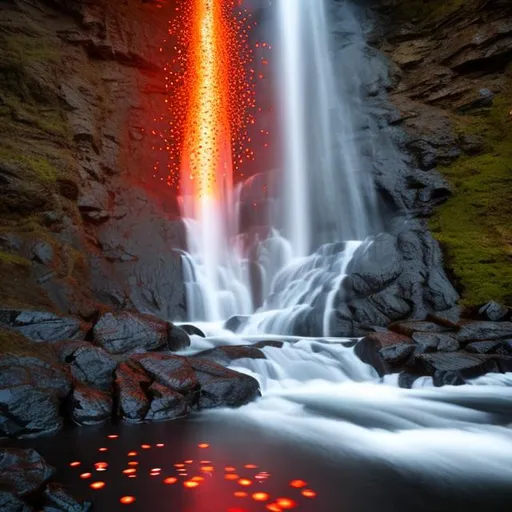 rain of fire balls on waterfall