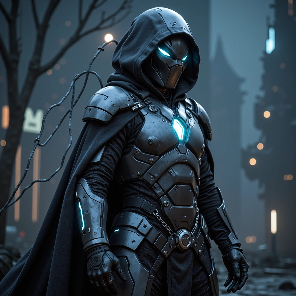 A mysterious techno-mage, long dark cloak with a hoo...