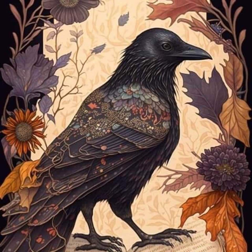 An embellished embroidered raven looking at a blonde...